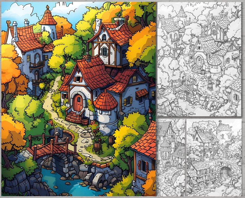 Rural Village Coloring Book: Scenic Cottage Pages (digital Download) - Etsy