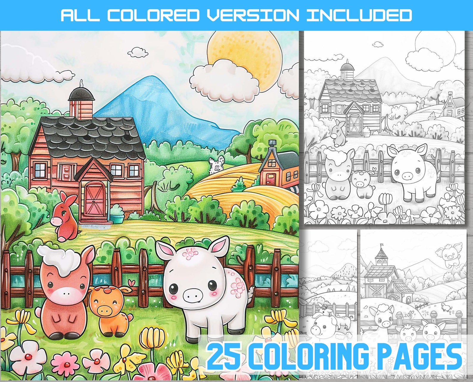 Cute Kawaii Farm Animals Coloring Book, Amusing Kids Adult Kawaii ...