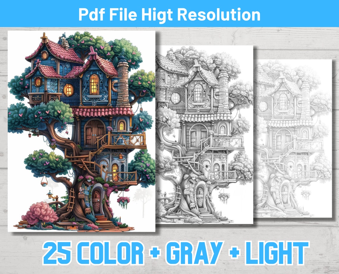 Fantasy Treehouse Coloring Pages for Kids and Adults, Tree Houses in ...