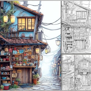 Charming Japanese Store Coloring Book, Unique Street Scene, Detailed ...