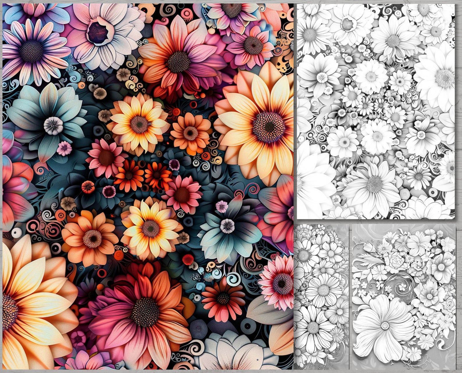 Spirals Flower Mandala Coloring Book, Adult and Kids Flower Coloring ...