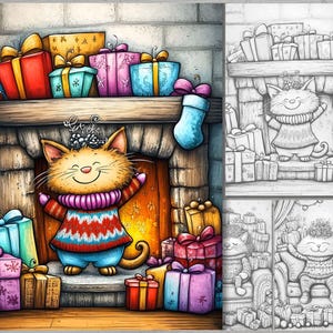 Cute Christmas Cat Coloring Book, Holiday Cats Coloring Pages, Xmas Pet ...