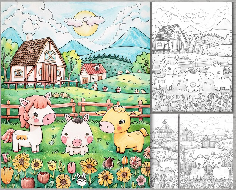 Cute Kawaii Farm Animals Coloring Book, Amusing Kids Adult Kawaii ...