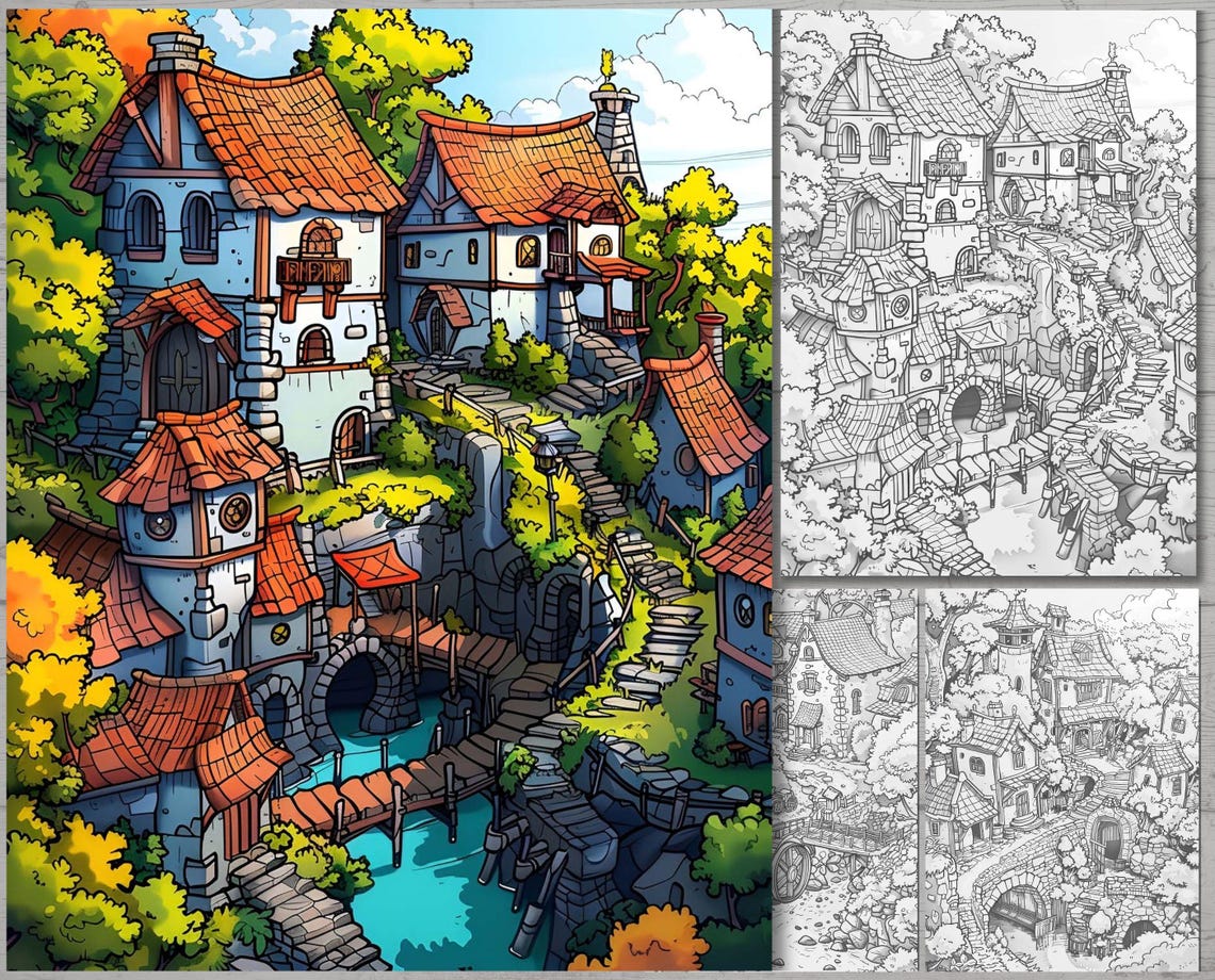 Rural Village Coloring Book: Scenic Cottage Pages (digital Download) - Etsy