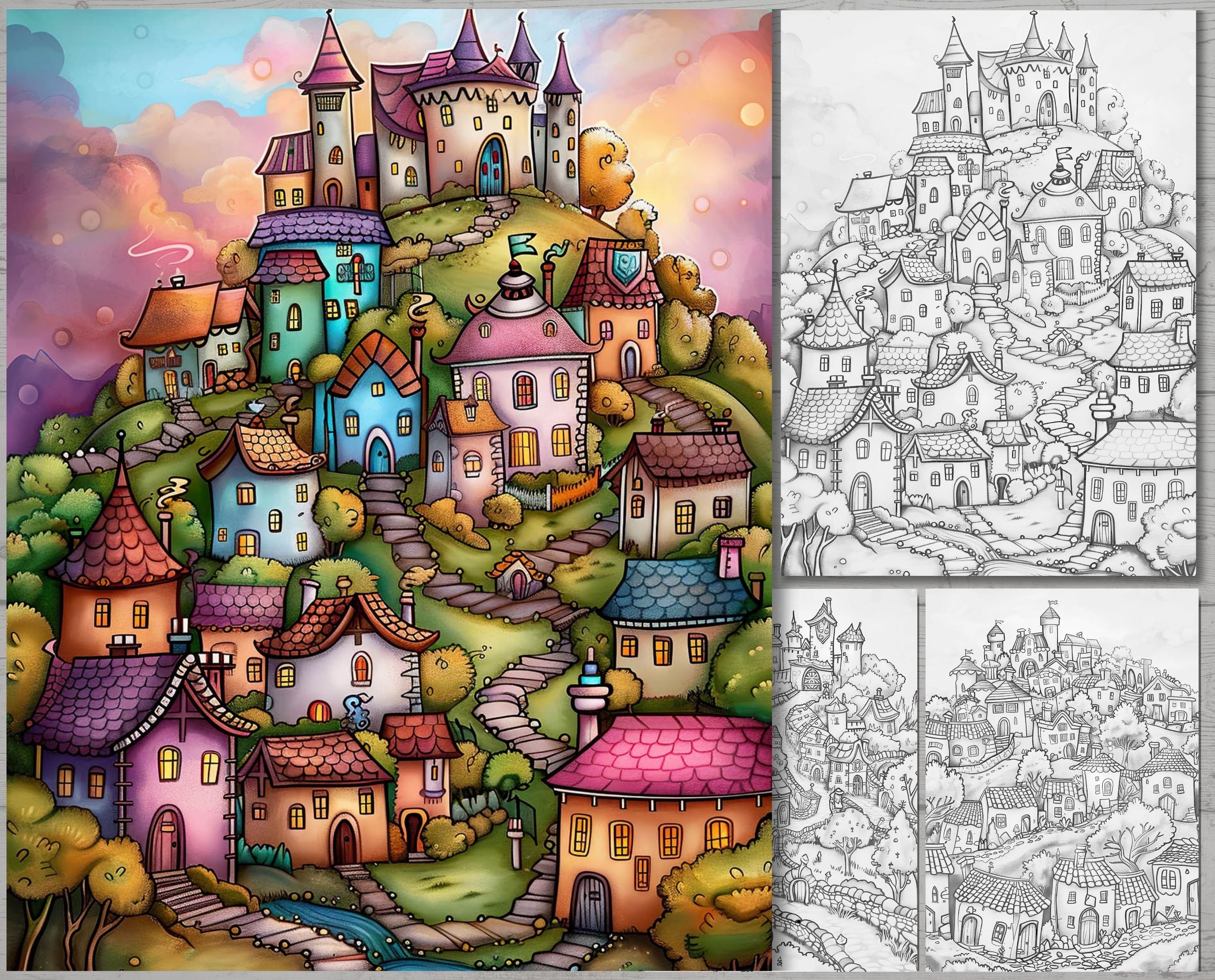 Medieval City & Castles Coloring Book: 25 Pastel Landscape Pages (PDF ...
