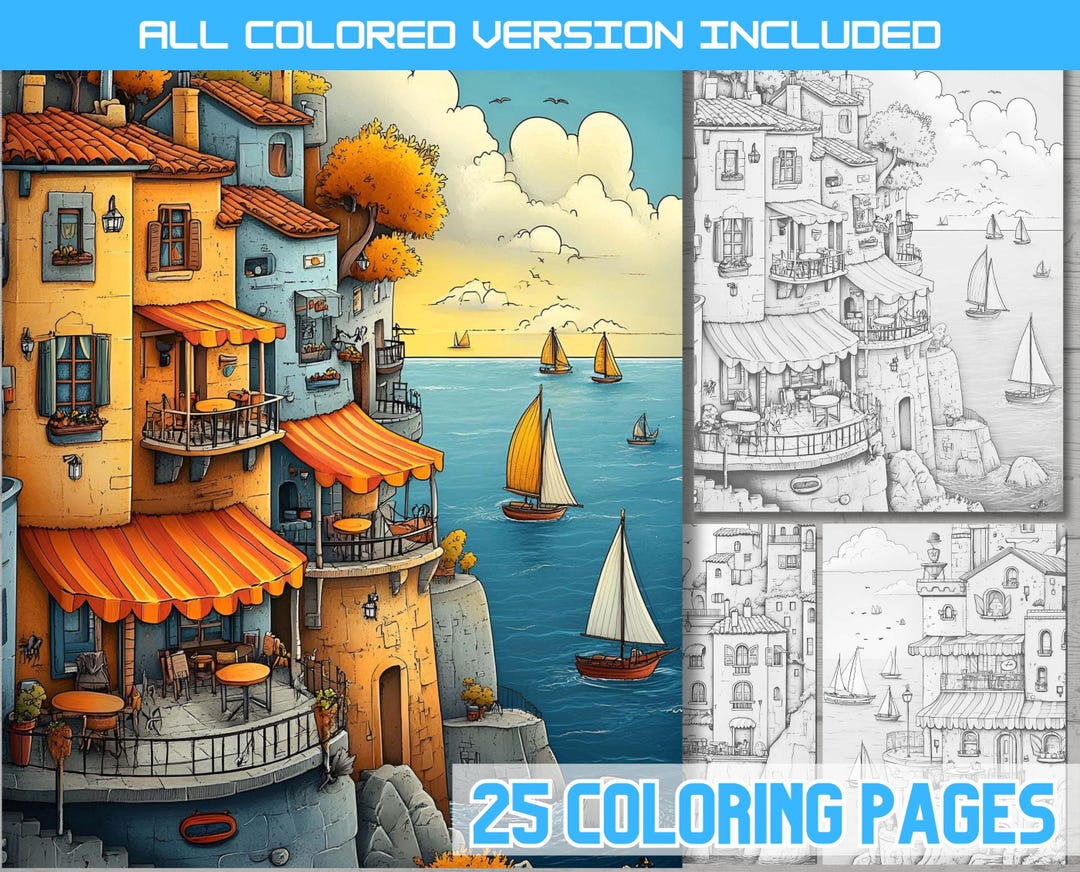 Italian Cafe Coloring Book: Coastal Mediterranean Scenes (digital ...