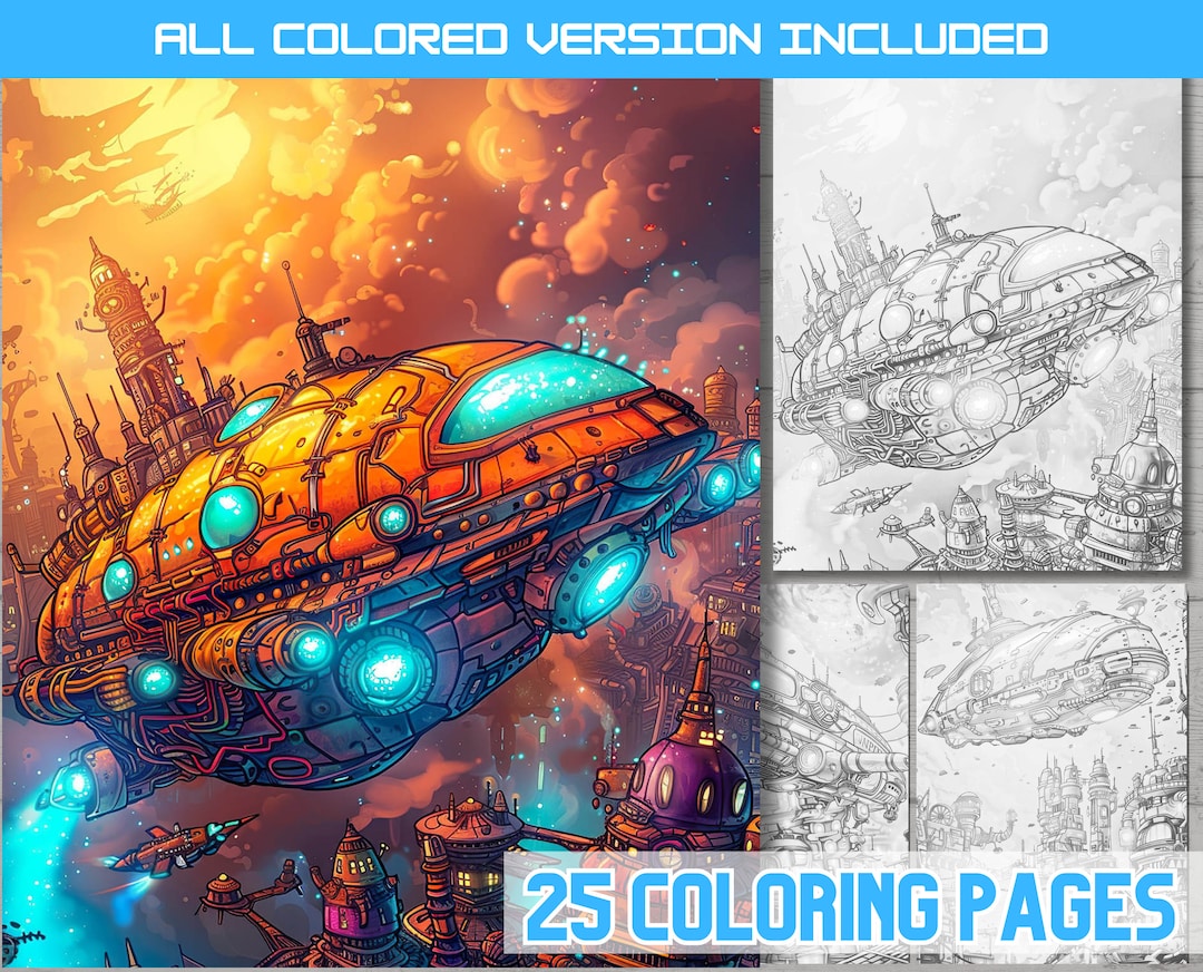 Steampunk Spaceship Coloring Pages, Space Vehicle Coloring Book, Adult ...
