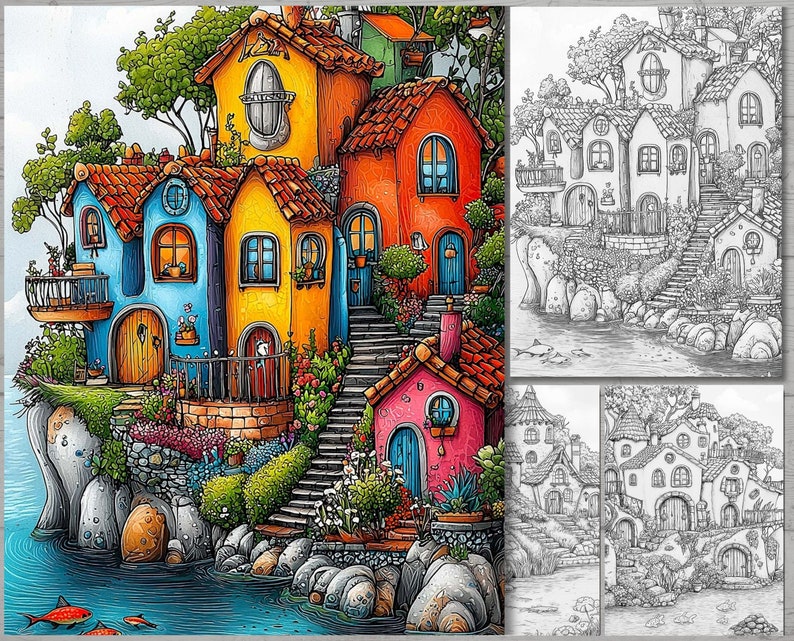 Fantasy Lake Village Coloring Book: Detailed Scenes, Relaxing Pages ...