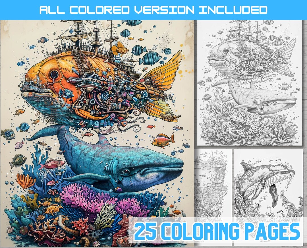 Surrealistic Marine Creatures Fantasy Coloring Book, Detailed Ocean ...