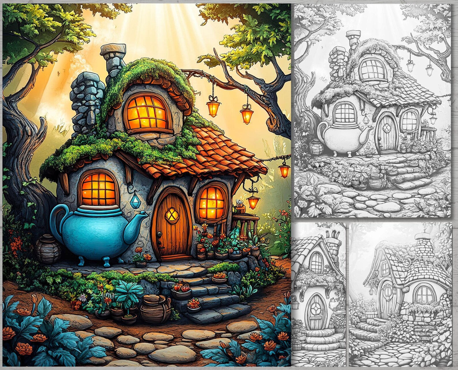 Whimsical Fantasy House Coloring Book, Enchanted Teapot Cottage ...