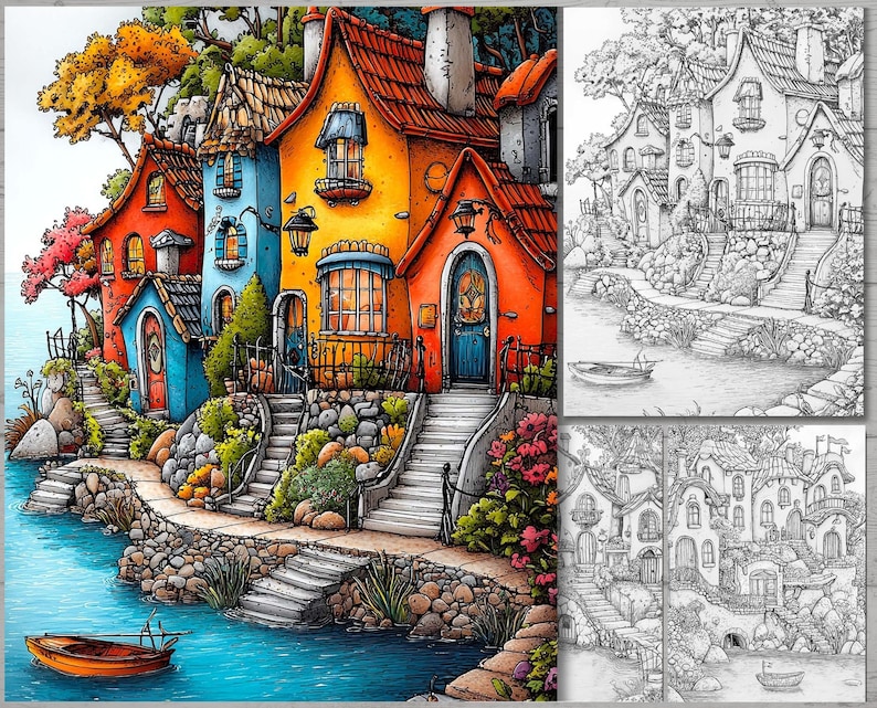 Fantasy Lake Village Coloring Book: Detailed Scenes, Relaxing Pages ...