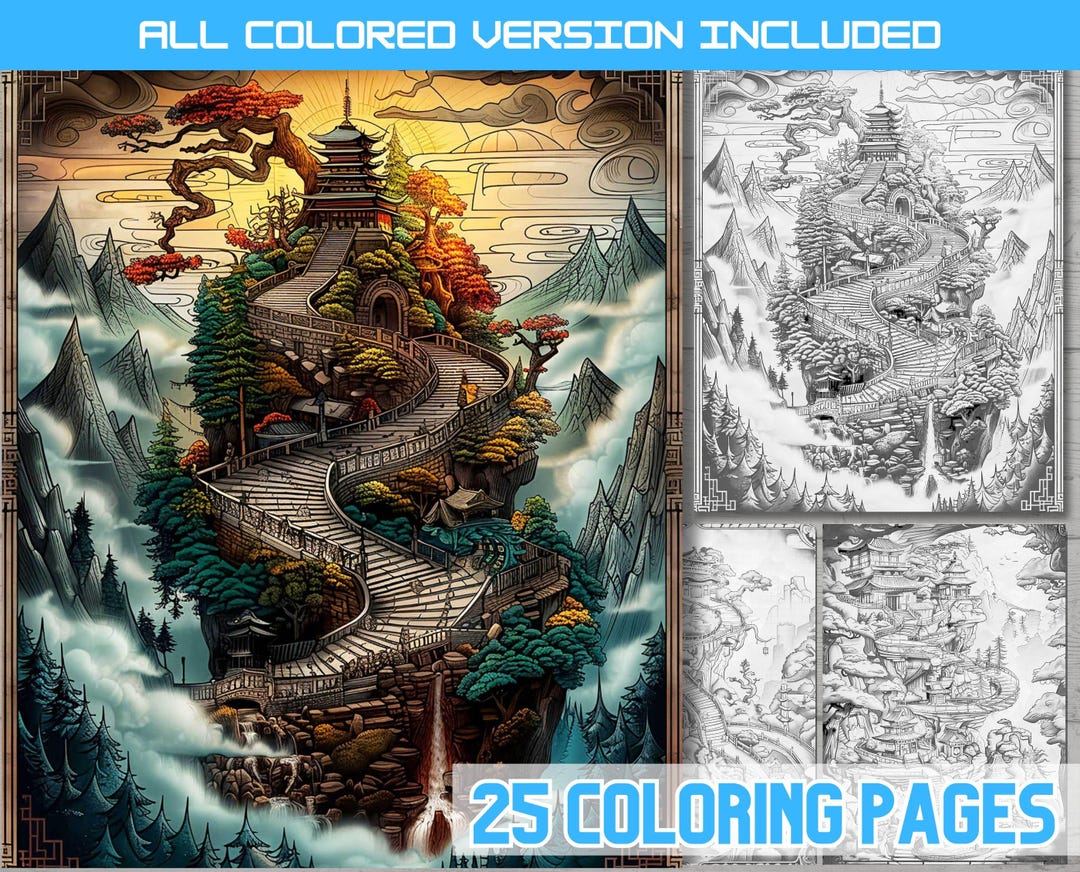 Enchanted Japanese Temple Coloring Pages, Fantasy Pagoda Printable, Zen ...