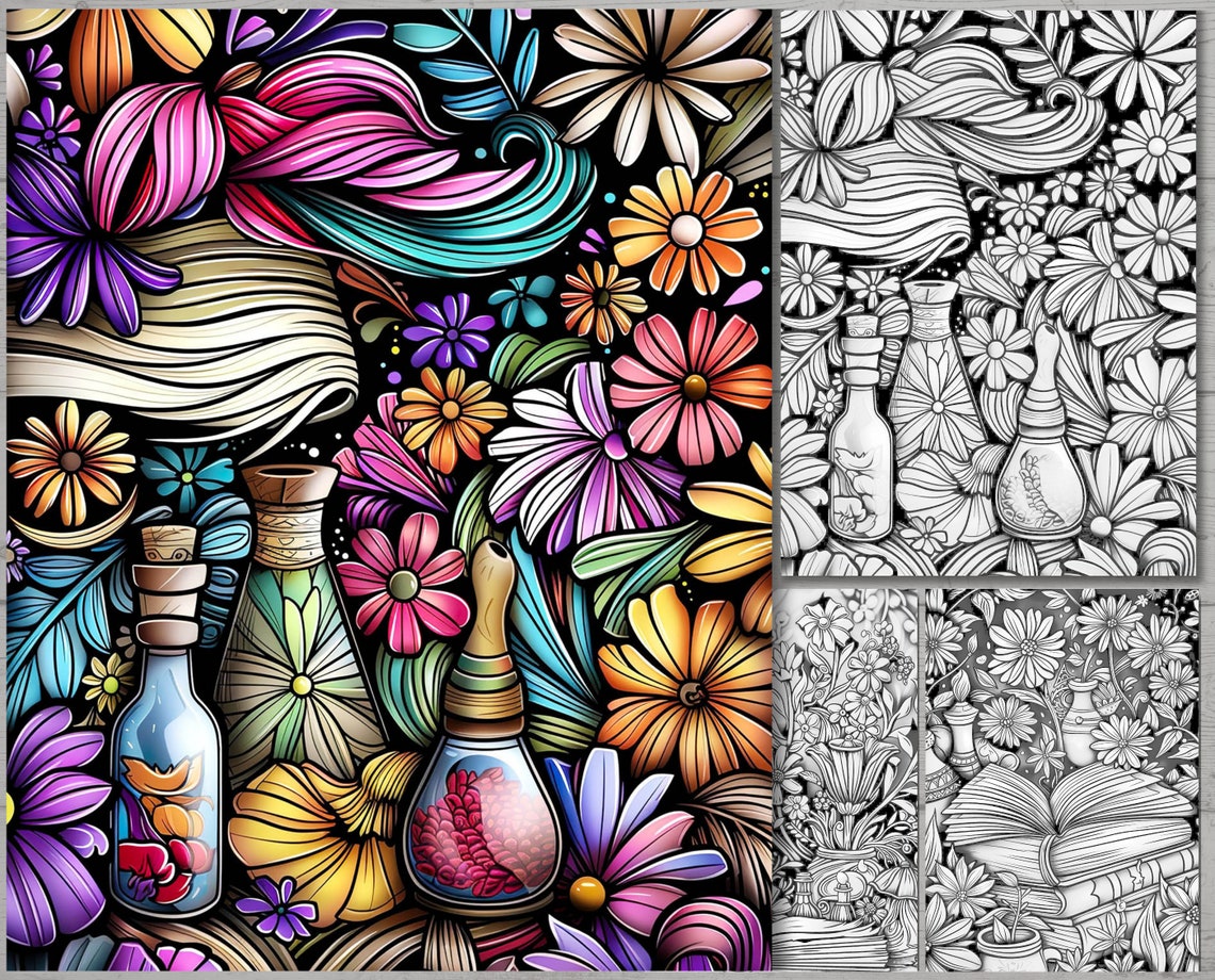Floral Magic Potions Coloring Pages, Magic Potion Coloring Book, Adult ...