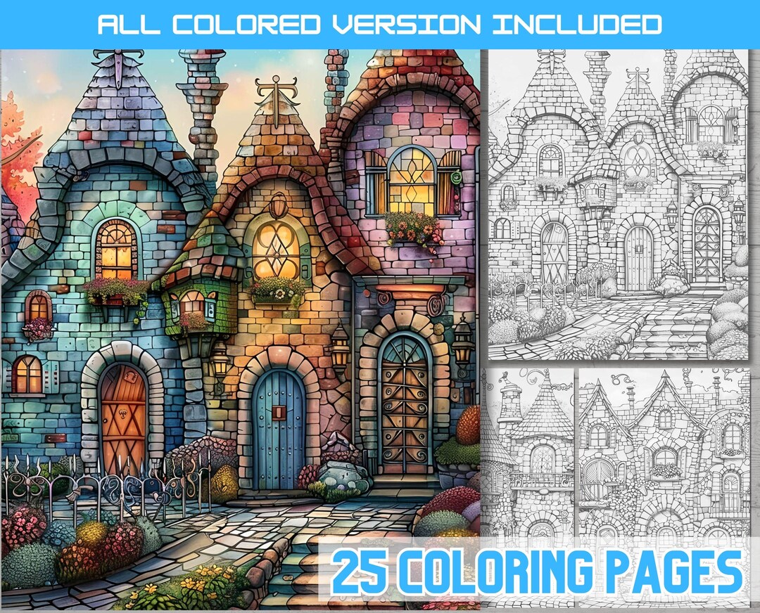 Whimsical Stone Cottages Coloring Book, Fantasy Houses Coloring Pages ...
