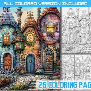 Whimsical Stone Cottages Coloring Book, Fantasy Houses Coloring Pages ...