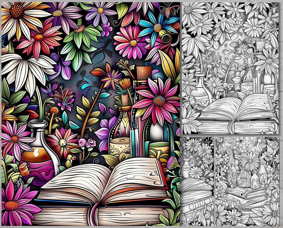 Floral Magic Potions Coloring Pages, Magic Potion Coloring Book, Adult ...