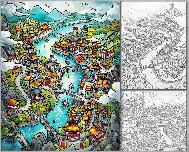 Ancient China Town Map Coloring Pages: Kids & Adults (digital Download ...