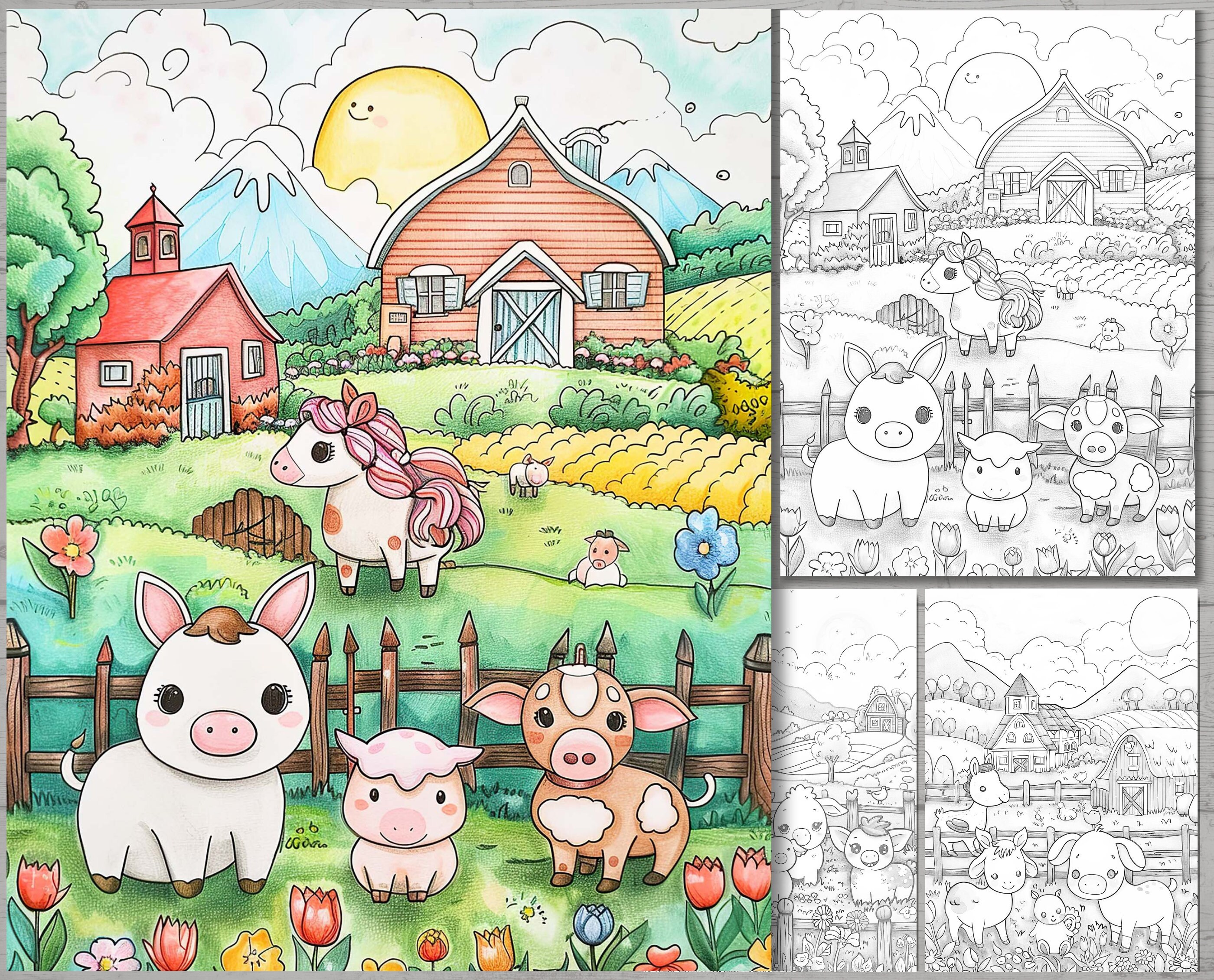 Cute Kawaii Farm Animals Coloring Book, Amusing Kids Adult Kawaii ...
