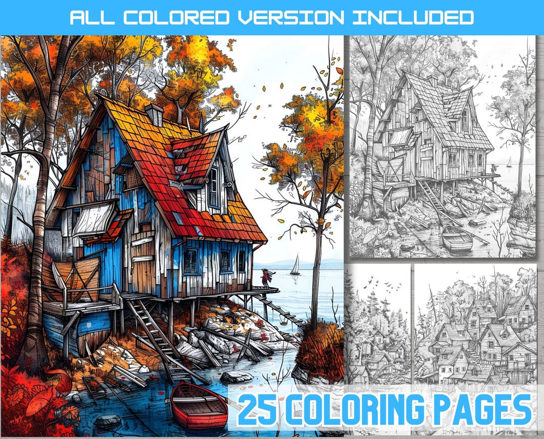 Rustic Lakeside Cabin Coloring Book: Autumn Village Scenes (PDF) - Etsy