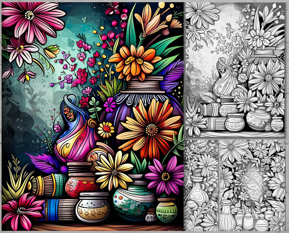 Floral Magic Potions Coloring Pages, Magic Potion Coloring Book, Adult ...