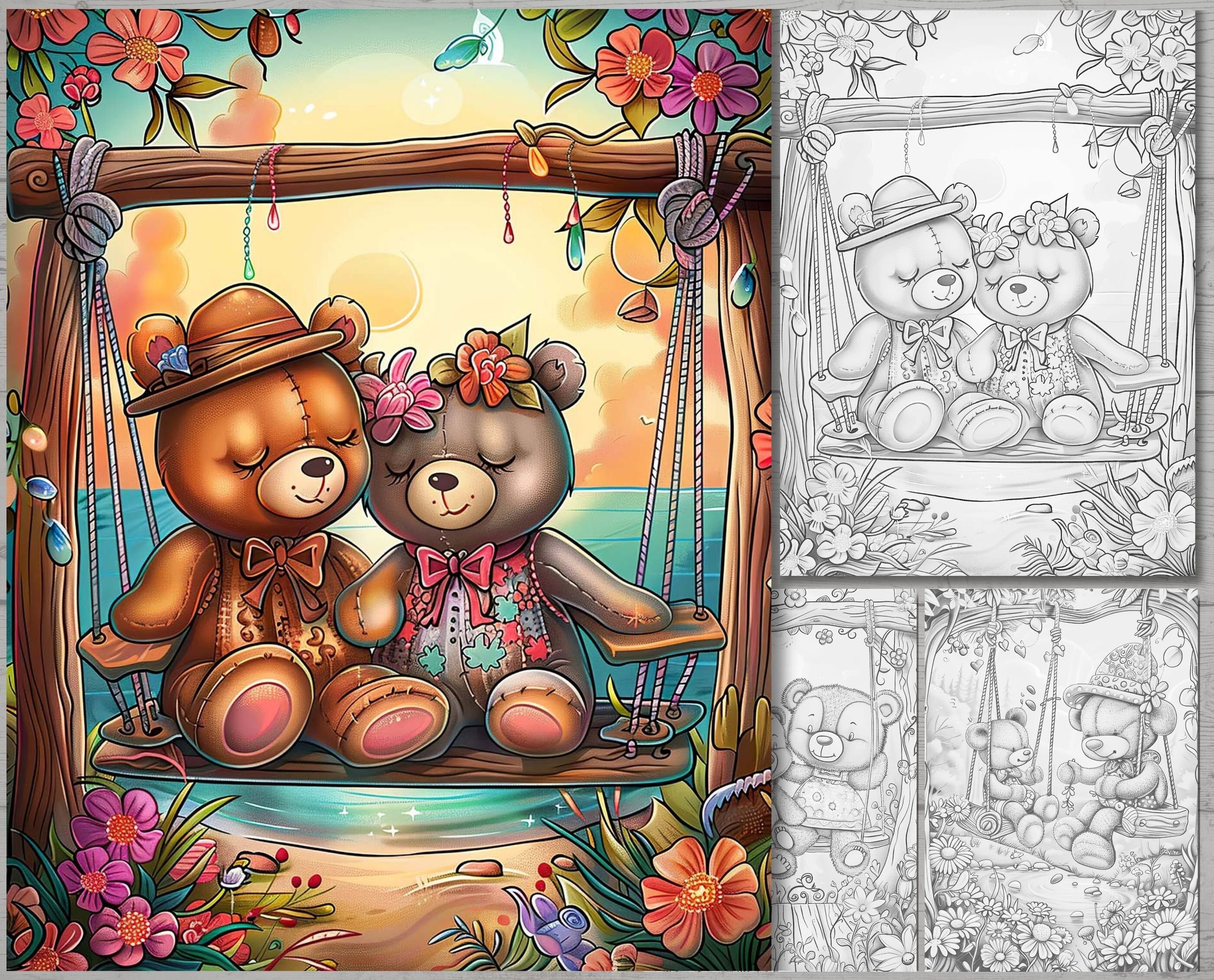 Cute Teddy Bear Coloring Book, Adorable Love Flowers and Bears, Sweet ...