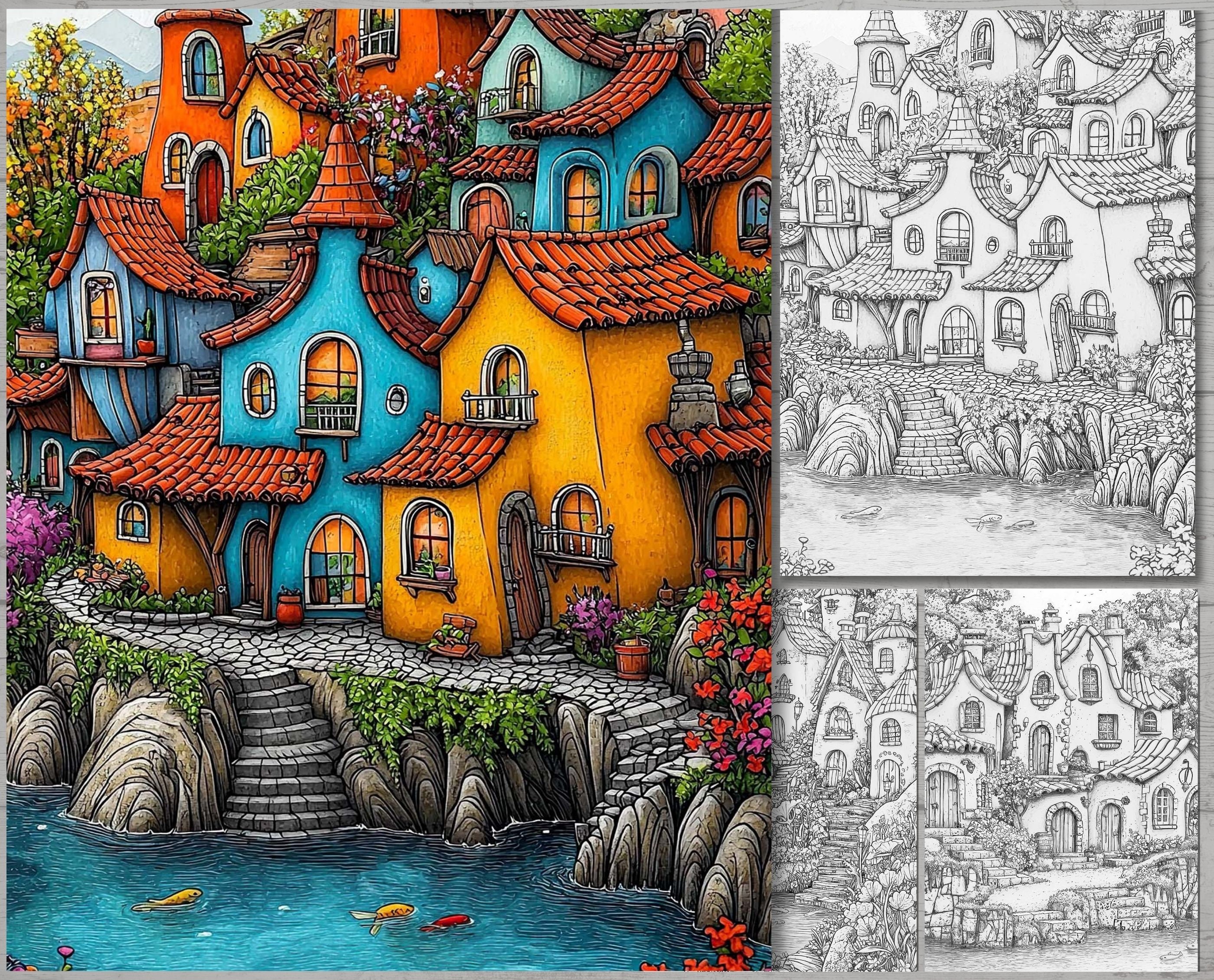 Fantasy Lake Village Coloring Book: Detailed Scenes, Relaxing Pages ...