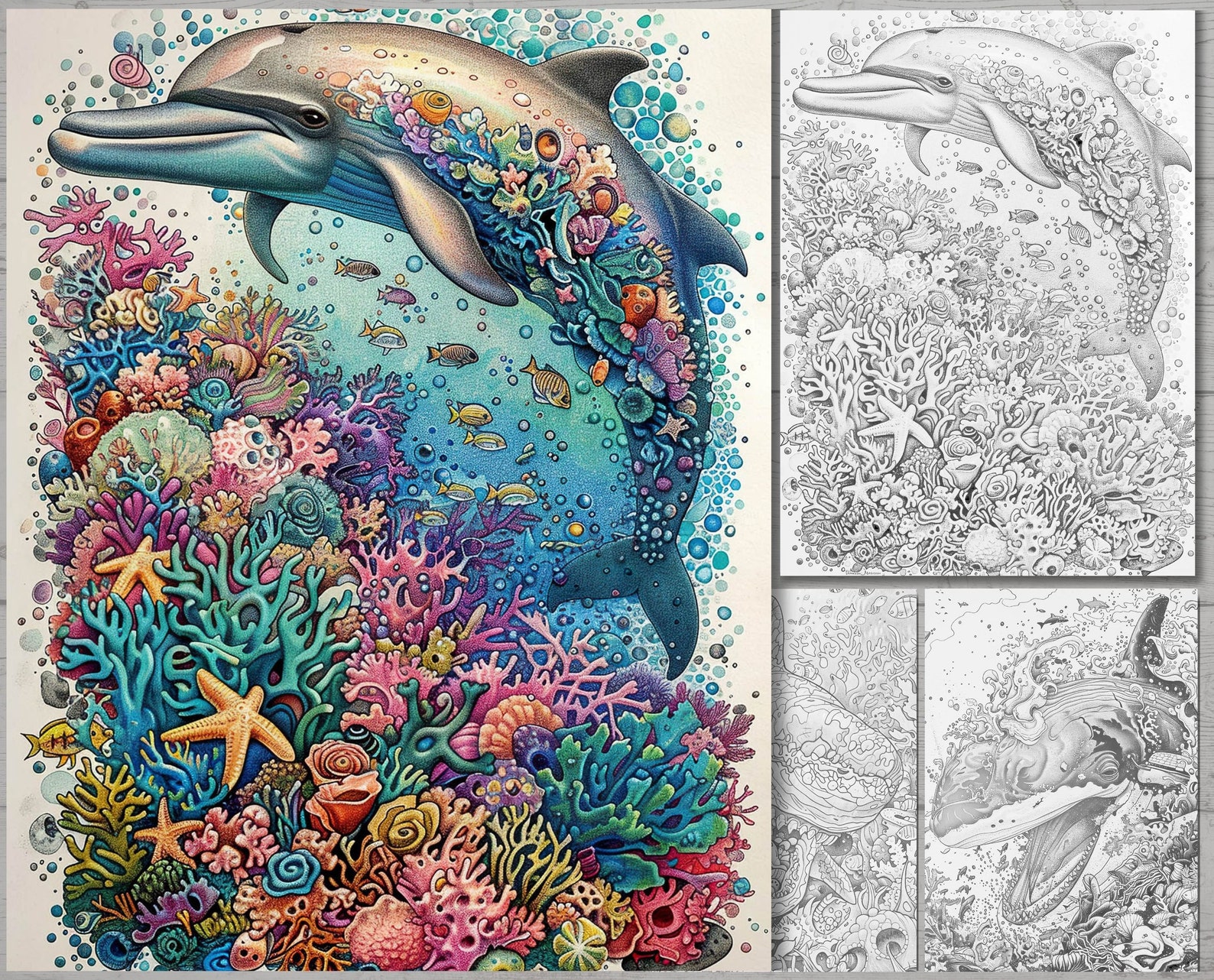 Surrealistic Marine Creatures Fantasy Coloring Book, Detailed Ocean ...