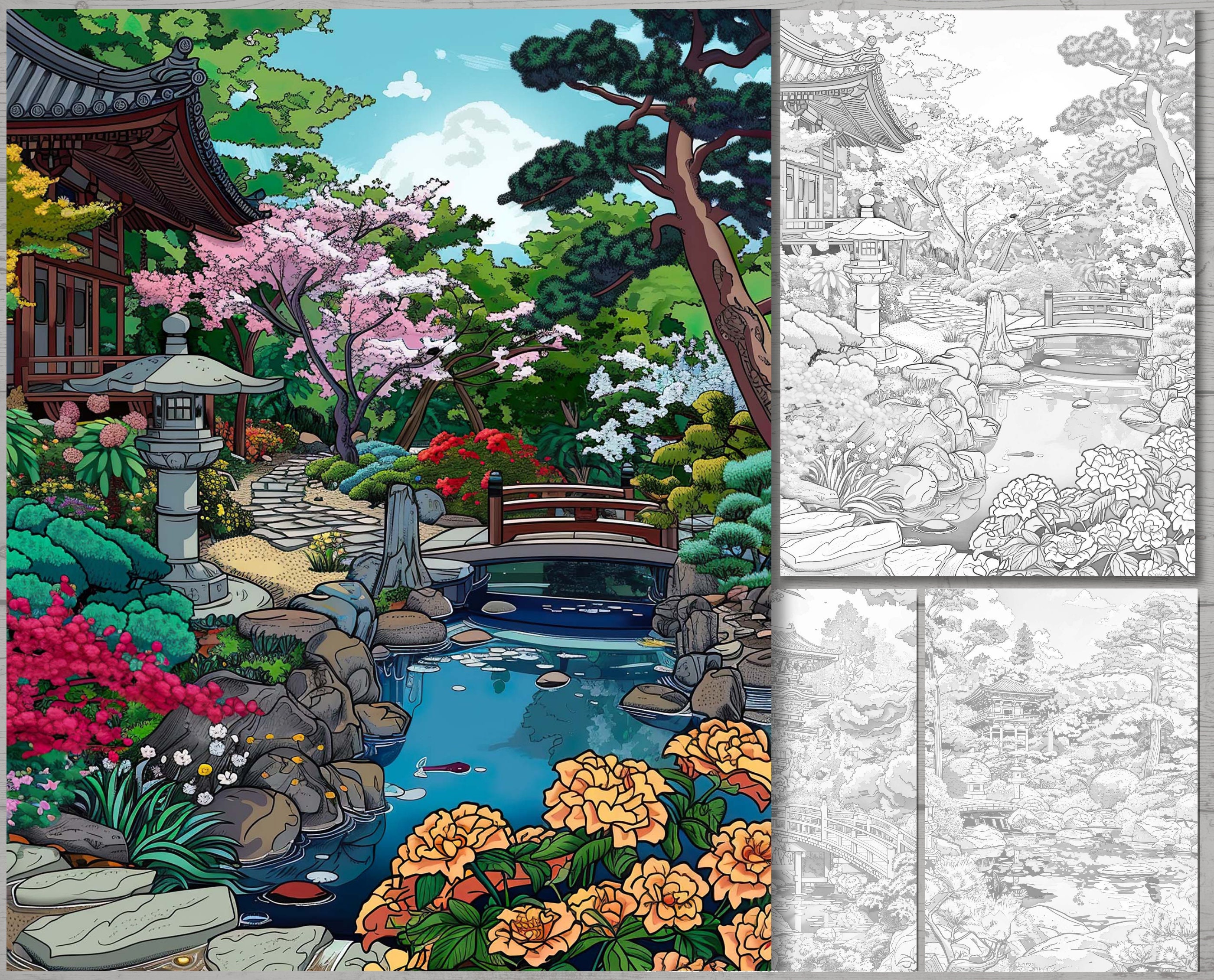 Japanese Garden Coloring Pages: Spring Zen Garden Art for Adults & Kids ...