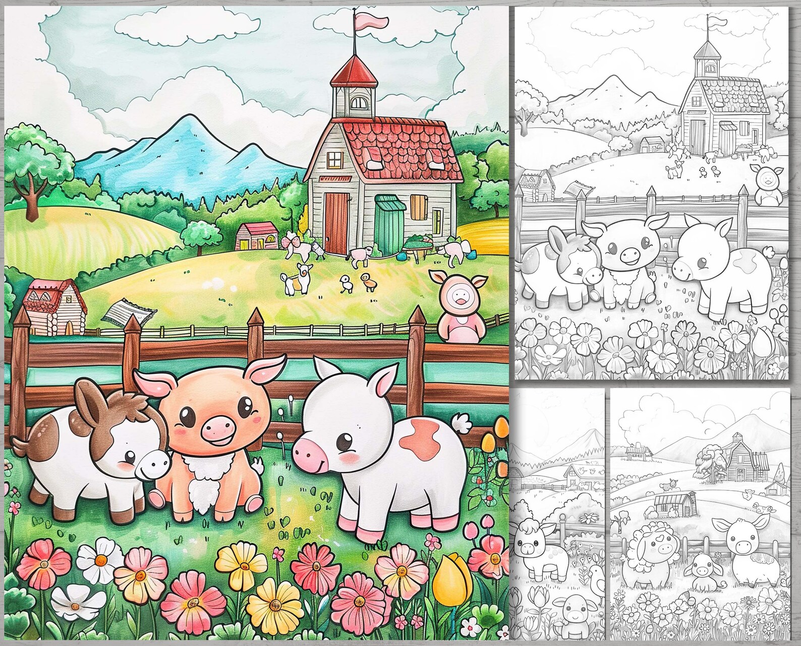 Cute Kawaii Farm Animals Coloring Book, Amusing Kids Adult Kawaii ...
