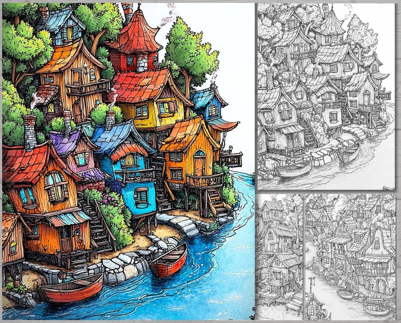 River Village Coloring Book: Ancient Cabins, Shacks (PDF Download) - Etsy