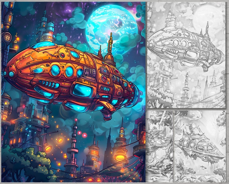 Steampunk Spaceship Coloring Pages: Retro Space Rocket Art (PDF ...