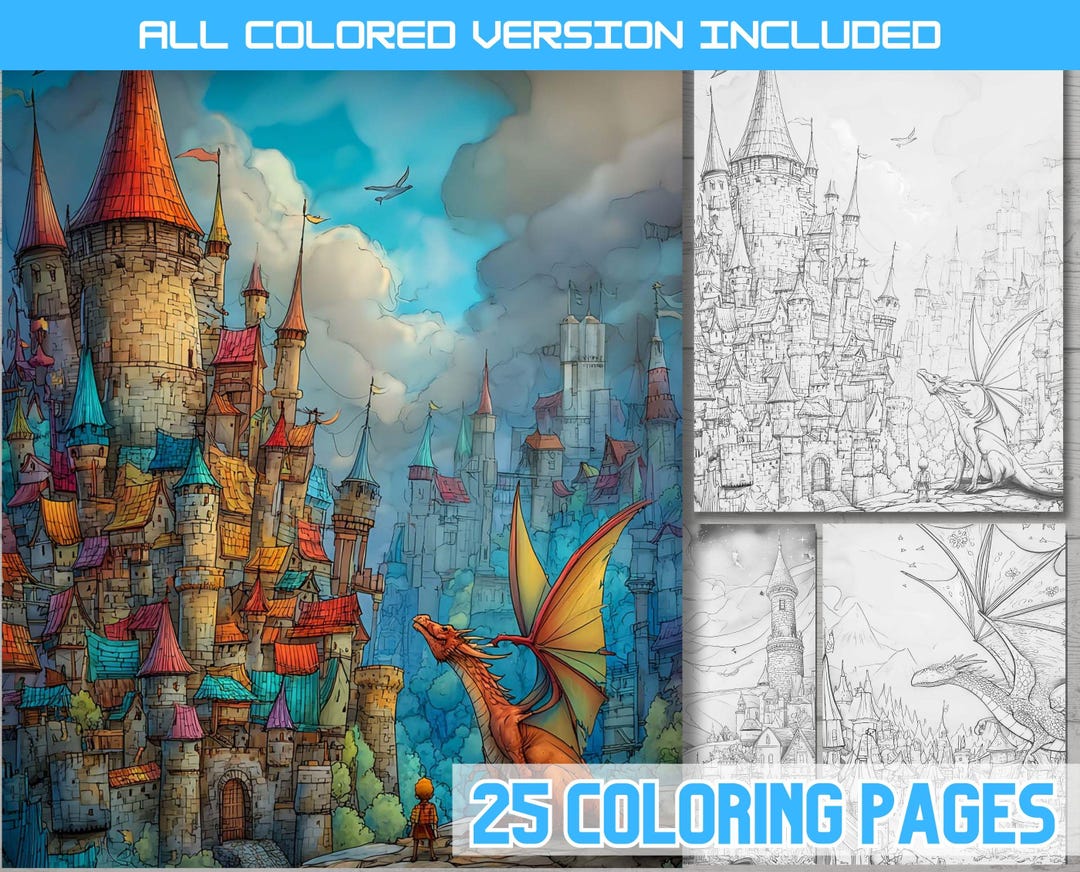 Fantasy Dragon Castle Coloring Pages, Printable Magical Fairytale Book ...