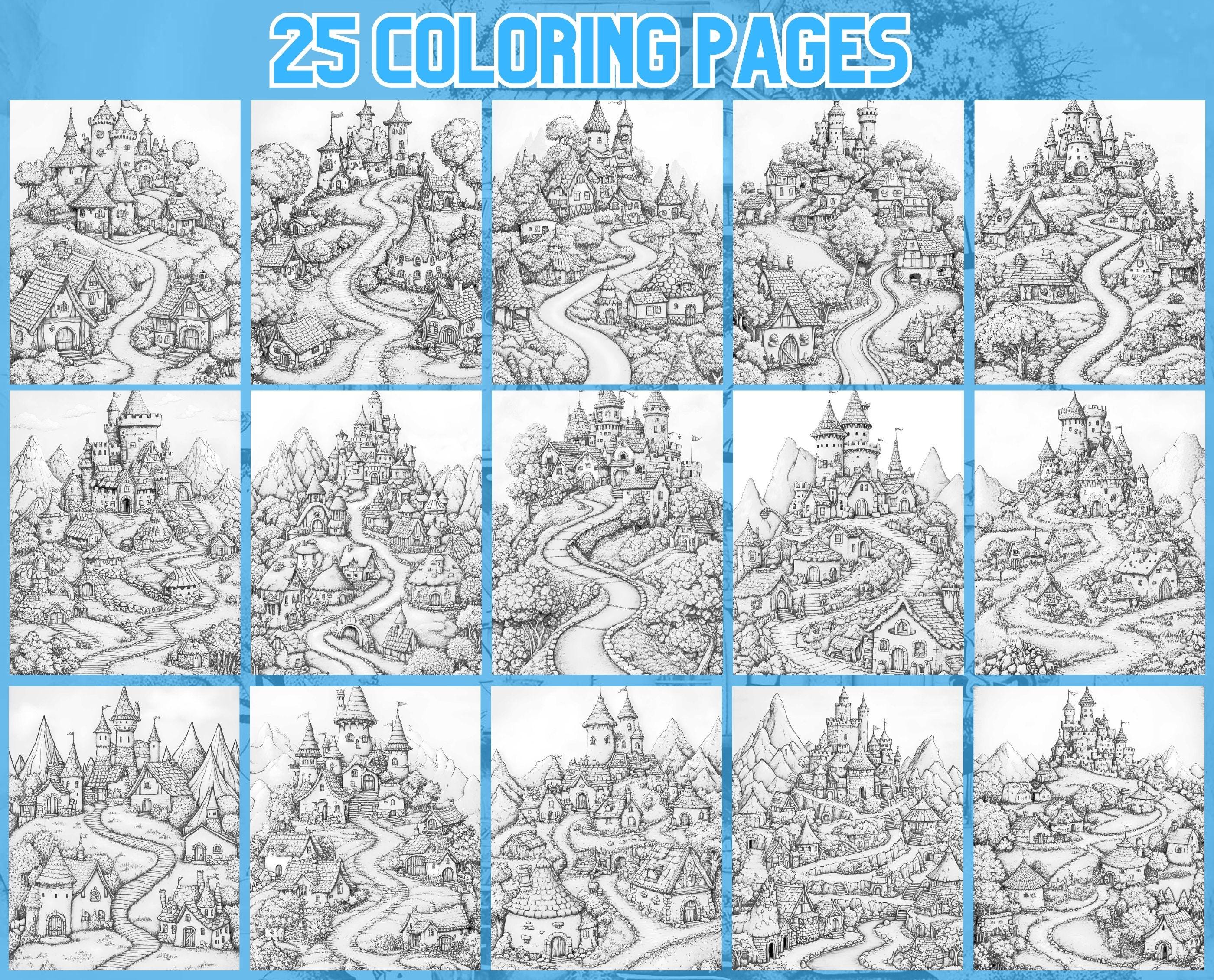Fantasy Castle Coloring Pages: Medieval Village Printable (digital ...