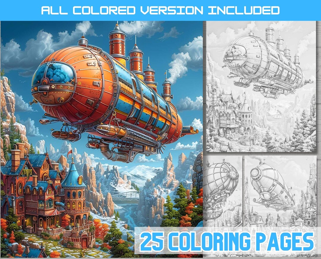 Steampunk Airship Village Coloring Book: Fantasy Designs (PDF Download ...