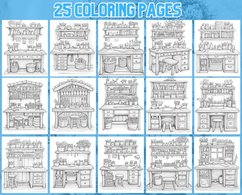 Cute Vintage Craft Room Coloring Page, Creative Space Decor Coloring ...