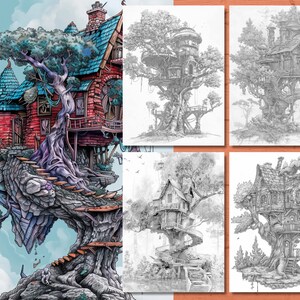 Fantasy Treehouse Coloring Pages for Kids and Adults, Tree Houses in ...