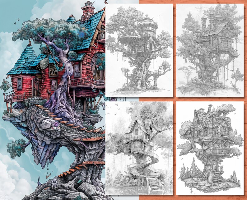 Fantasy Treehouse Coloring Pages for Kids and Adults, Tree Houses in ...