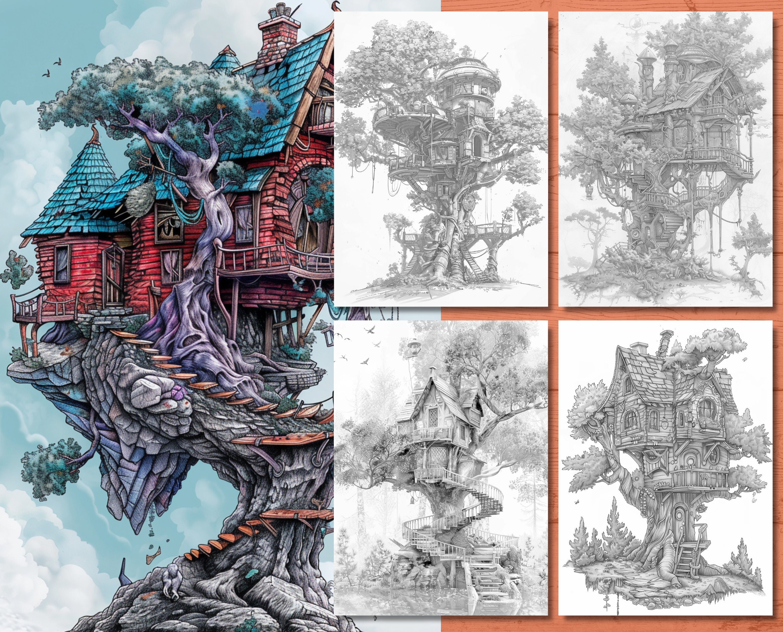 Fantasy Treehouse Coloring Pages for Kids and Adults, Tree Houses in ...