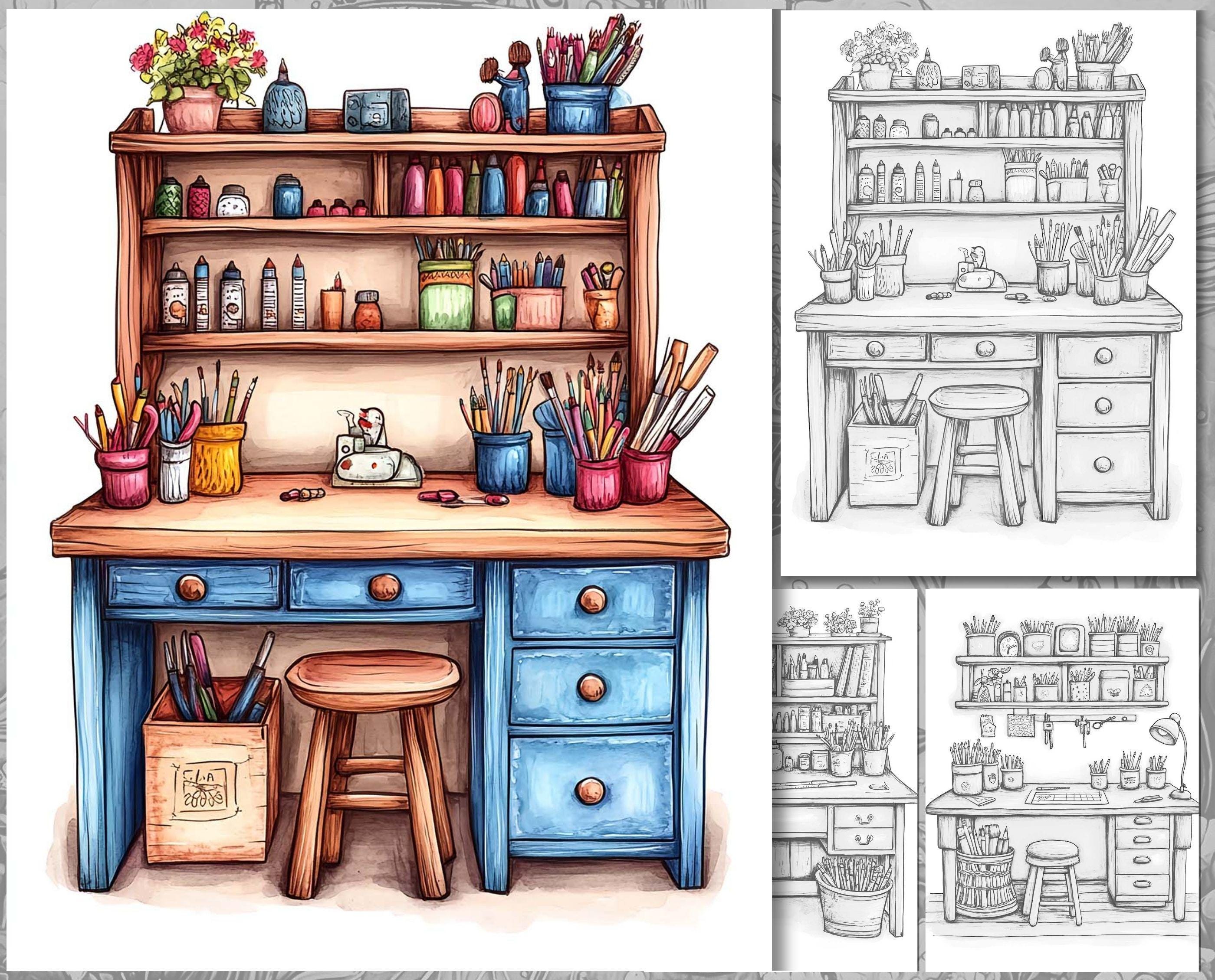 Vintage Craft Room Coloring Pages: Cozy Art Studio (PDF Download) - Etsy
