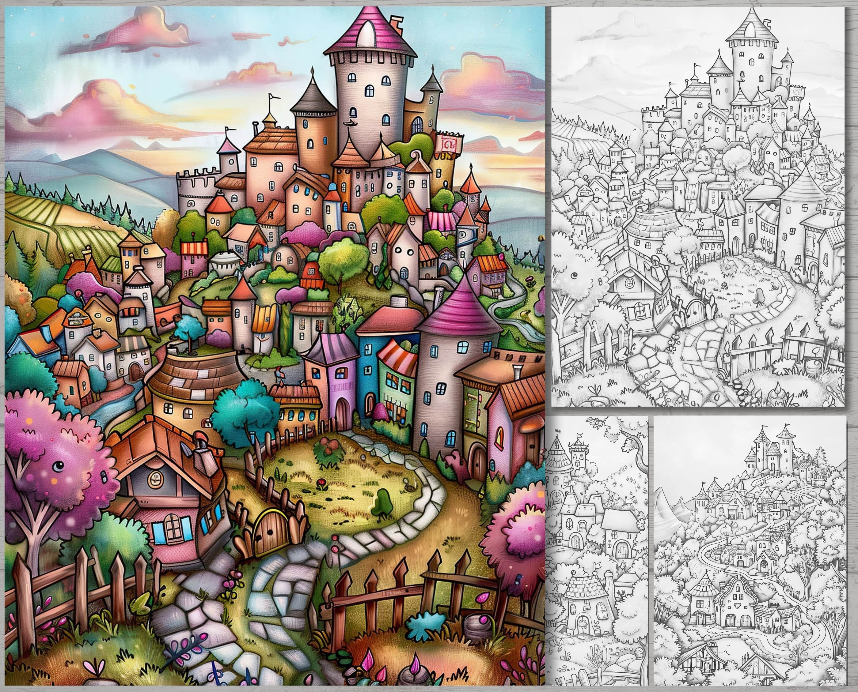 Medieval City & Castles Coloring Book: 25 Pastel Landscape Pages (PDF ...