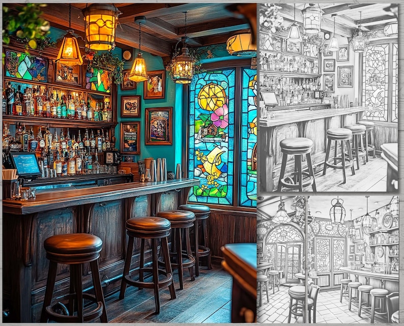 Vintage Interior of an Old Bar Coloring Book, Detailed Coloring Pages ...