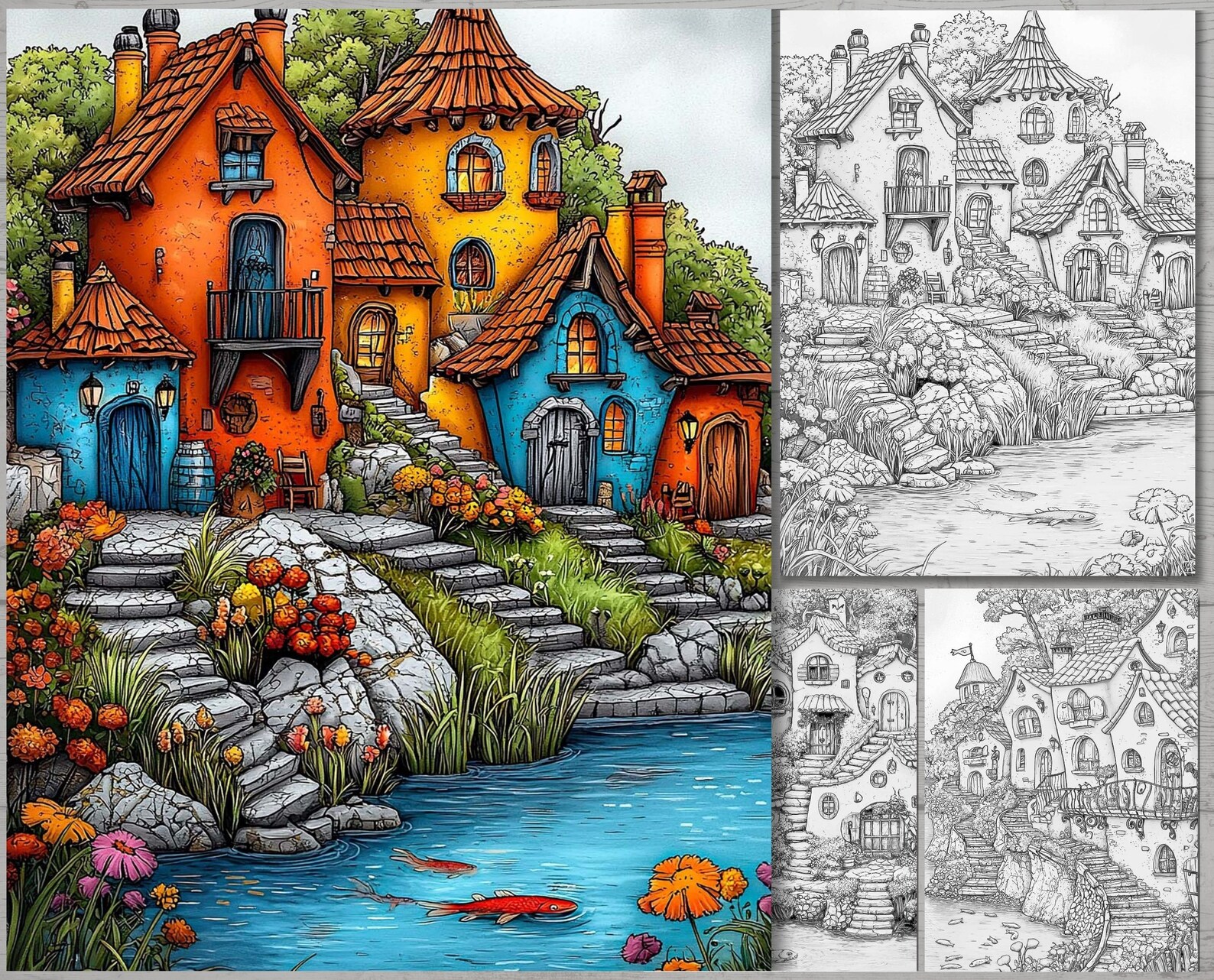 Fantasy Lake Village Coloring Book: Detailed Scenes, Relaxing Pages ...