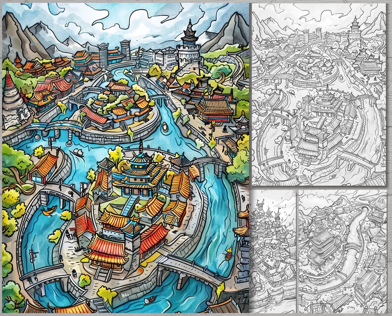 Ancient China Town Map Coloring Pages: Kids & Adults (digital Download ...