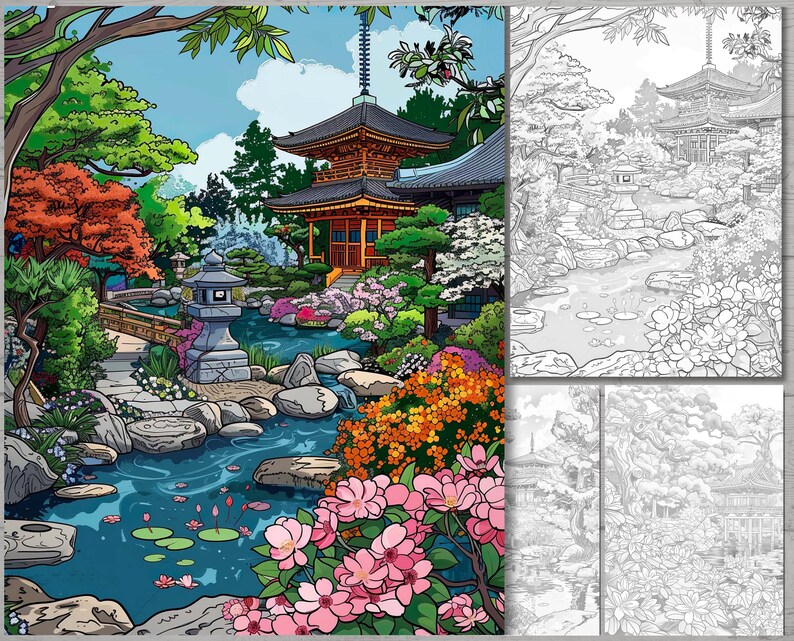 Japanese Garden Coloring Pages: Spring Zen Garden Art for Adults & Kids ...