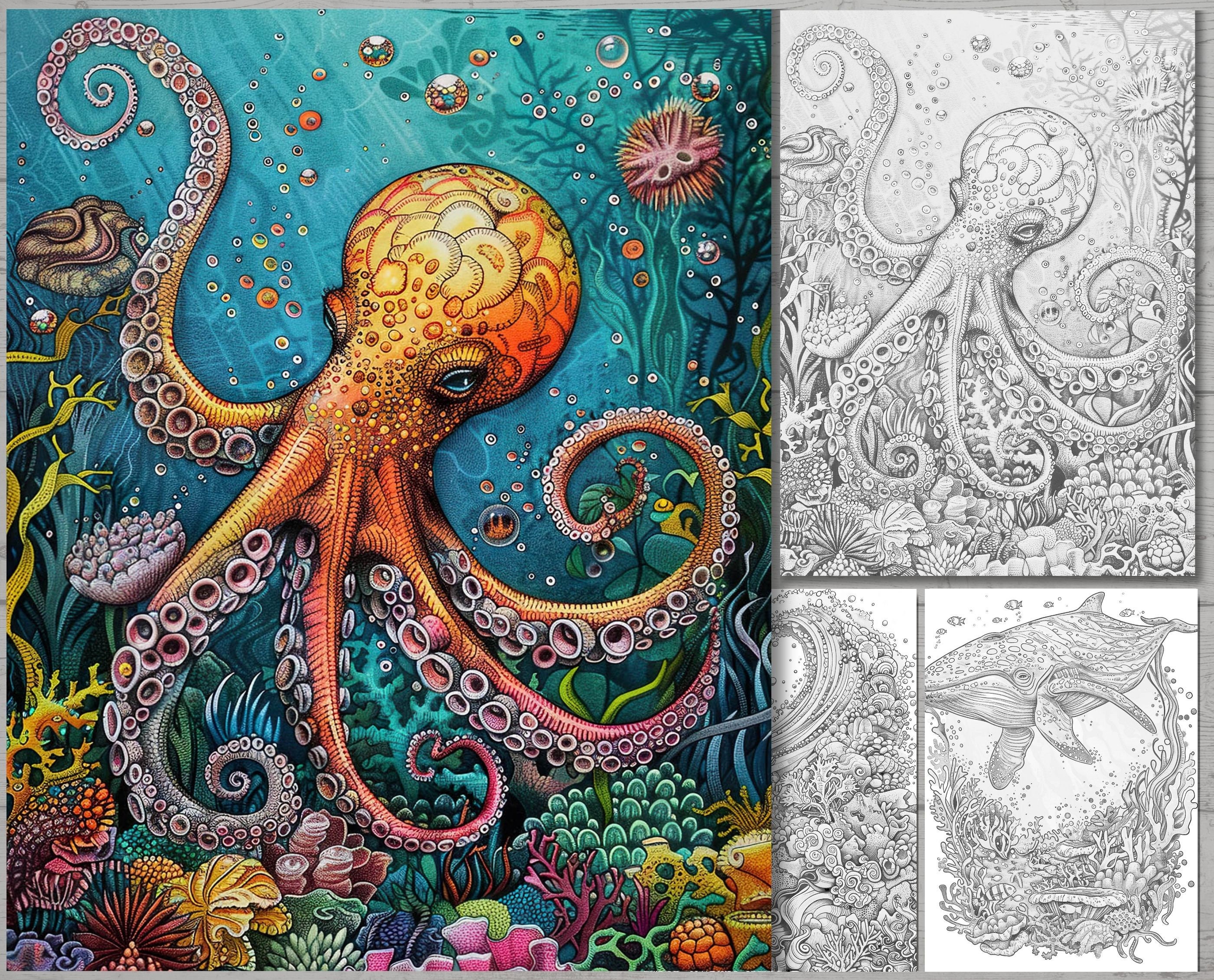 Surrealistic Marine Creatures Fantasy Coloring Book, Detailed Ocean ...