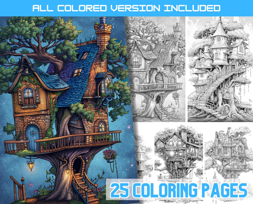 Fantasy Treehouse Coloring Pages for Kids and Adults, Tree Houses in ...