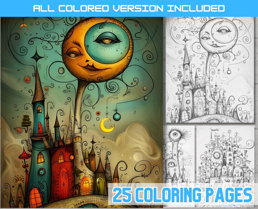 Whimsical Fantasy Surrealistic Village Coloring Book, Enchanted Fairy ...