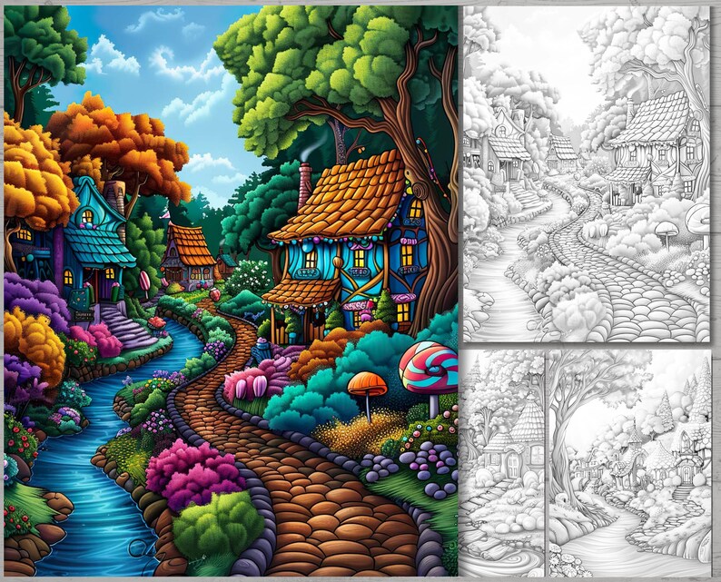 Fantasy Village Coloring Book: Magical Houses, Grayscale & Color (PDF ...