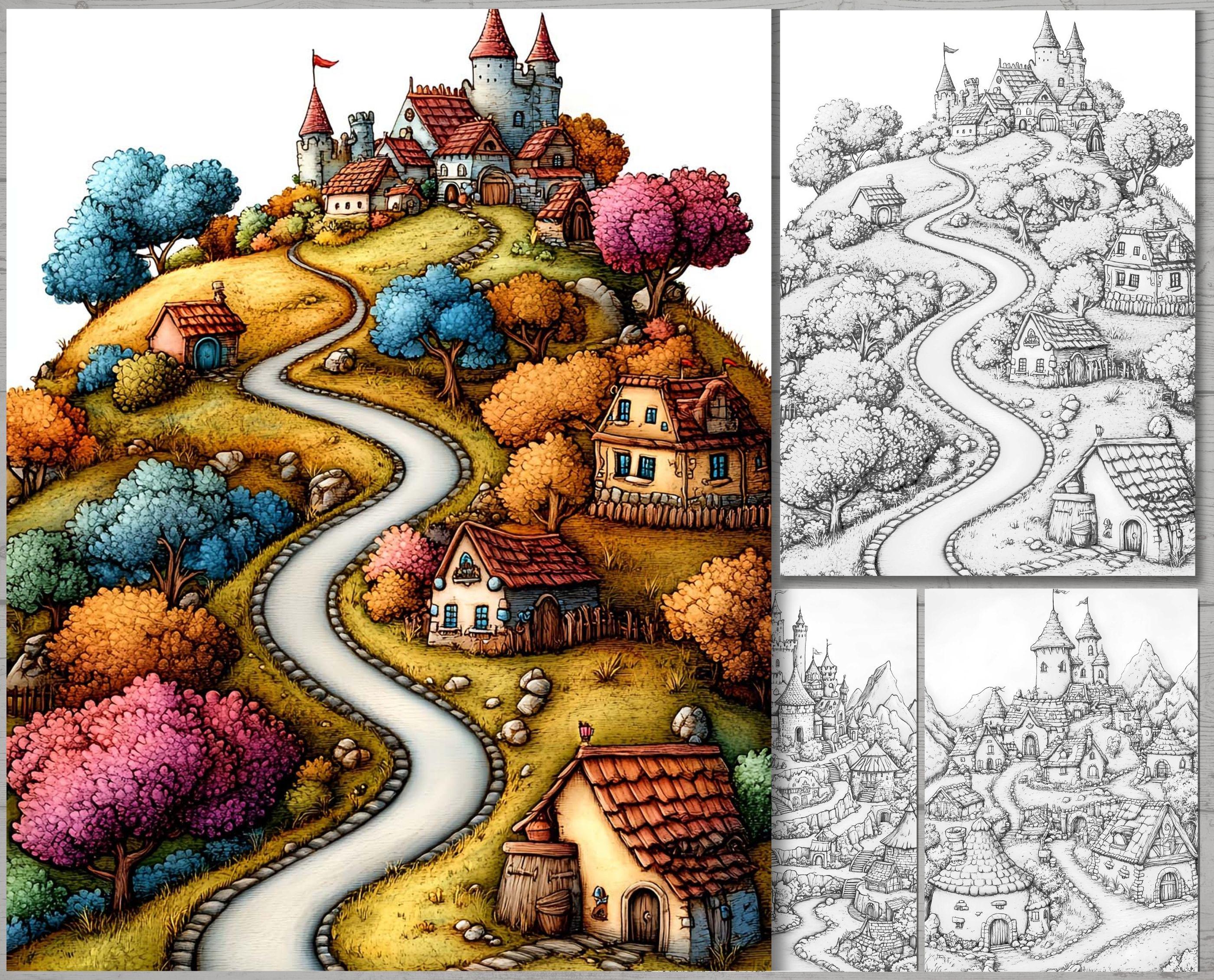 Fantasy Castle Coloring Pages: Medieval Village Printable (digital ...