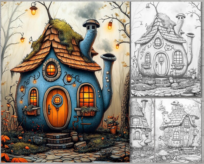 Whimsical Fantasy House Coloring Book, Enchanted Teapot Cottage ...